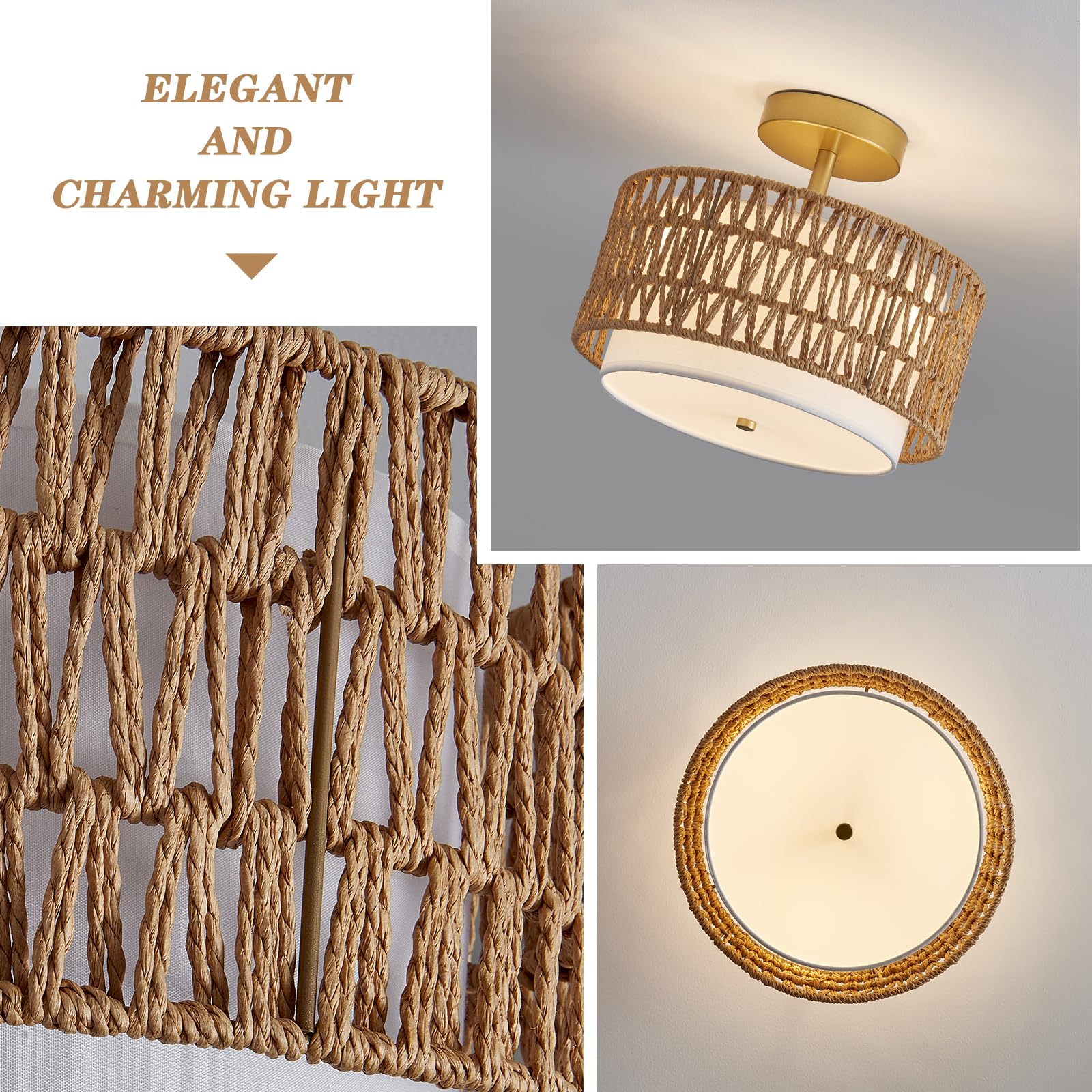 BUXVRCS Boho Light Fixtures Ceiling, 3-Light Hand-Woven Rattan Light Fixture, Farmhouse Drum Light Fixtures Ceiling Mount with Fabric Shade, Nursery Light Fixture for Bedroom Hallway Kitchen Entryway