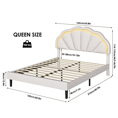 HIFIT Queen Upholstered Smart LED Bed Frame with Adjustable Elegant Flowers Headboard, Platform Bed Frame Queen Size with Wooden Slats Support, No Box Spring Needed, Easy Assembly, Beige