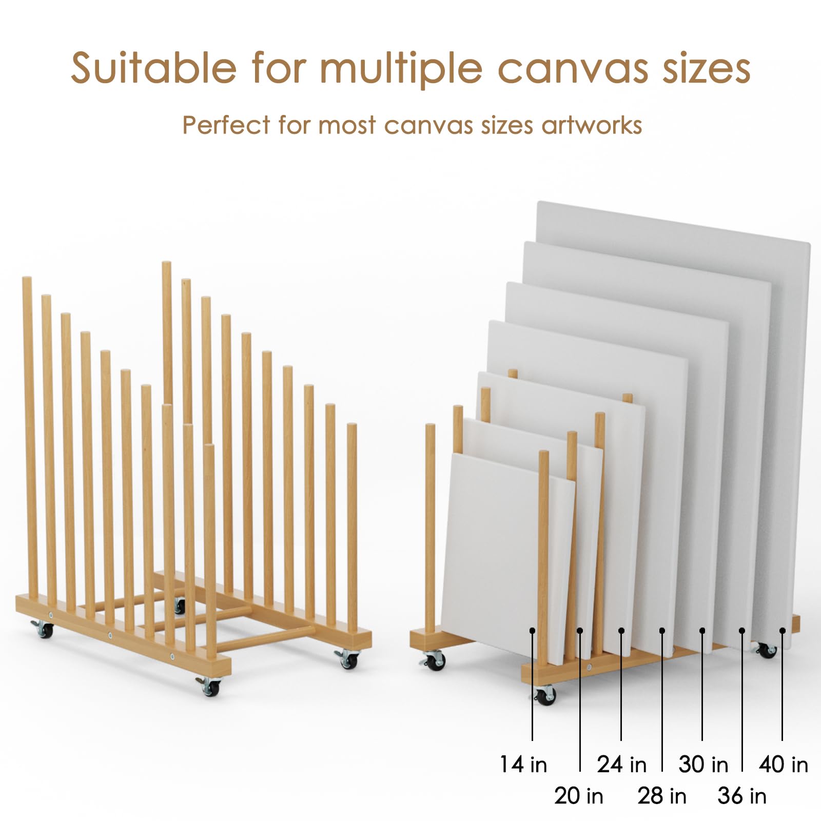 Evellstor Art Storage Rack with Caster Wheels, 9 Section Wooden Art Canvas Storage for Frames and Drawing Board, Printed Matters, Paper Pads for Studio, Gallery, Art Exhibition