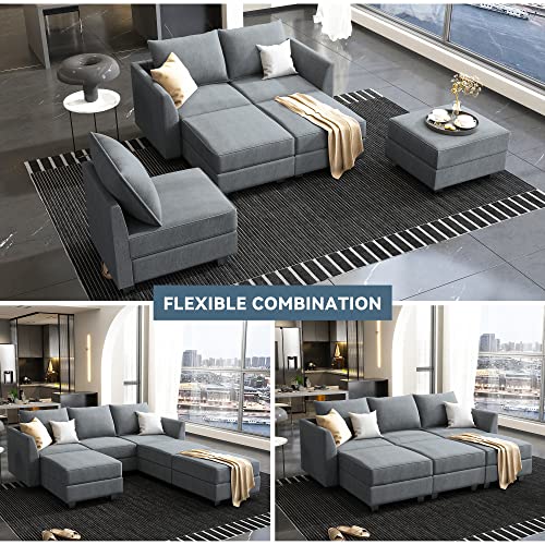 HONBAY Modern Modular Sectional Sofa Sleeper Couch Living Room U Shape Sofa Couch with Ottoman Set, Full Size Sectional Sofa Bed for Small Space, Bluish Grey