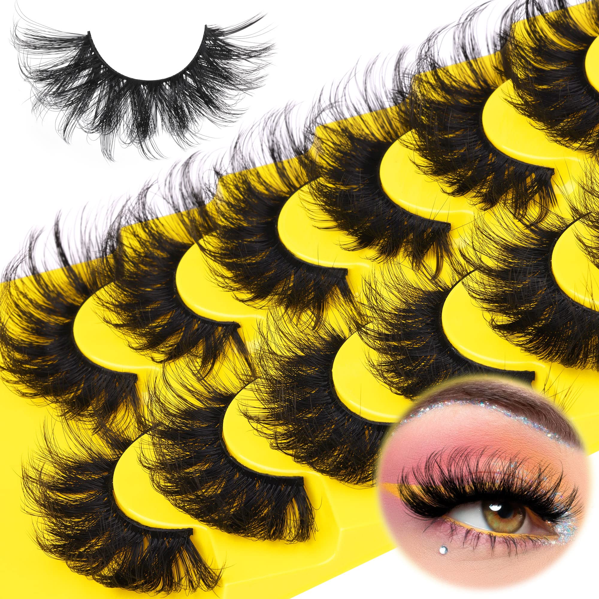 False Eyelashes Fluffy Lashes Dramatic Long Faux Mink Lashes Wispy 6D Volume Fake Eyelashes Thick Strip Big Cat Eye Lashes Pack 7 Pairs By GVEFETIEE
