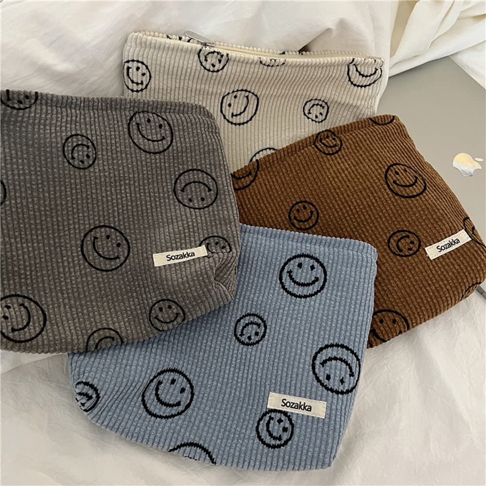 Corduroy Cosmetic Bag for Women Aesthetic Makeup Bag Backpack Purse Organizer Smile Small Make Up Bag (Beige Smile)