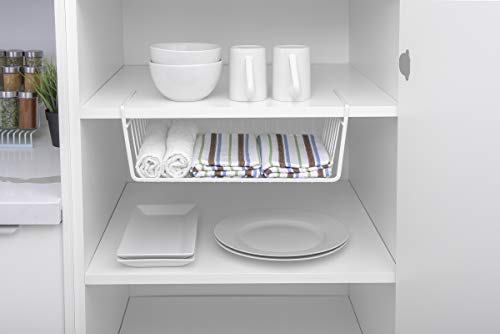 Smart Design Undershelf Storage Basket - Medium - Snug Fit Arms - Steel Metal Wire - Rust Resistant Finish - Cabinet, Pantry, Shelf Organization - Kitchen (16 x 5.5 Inch) [White]