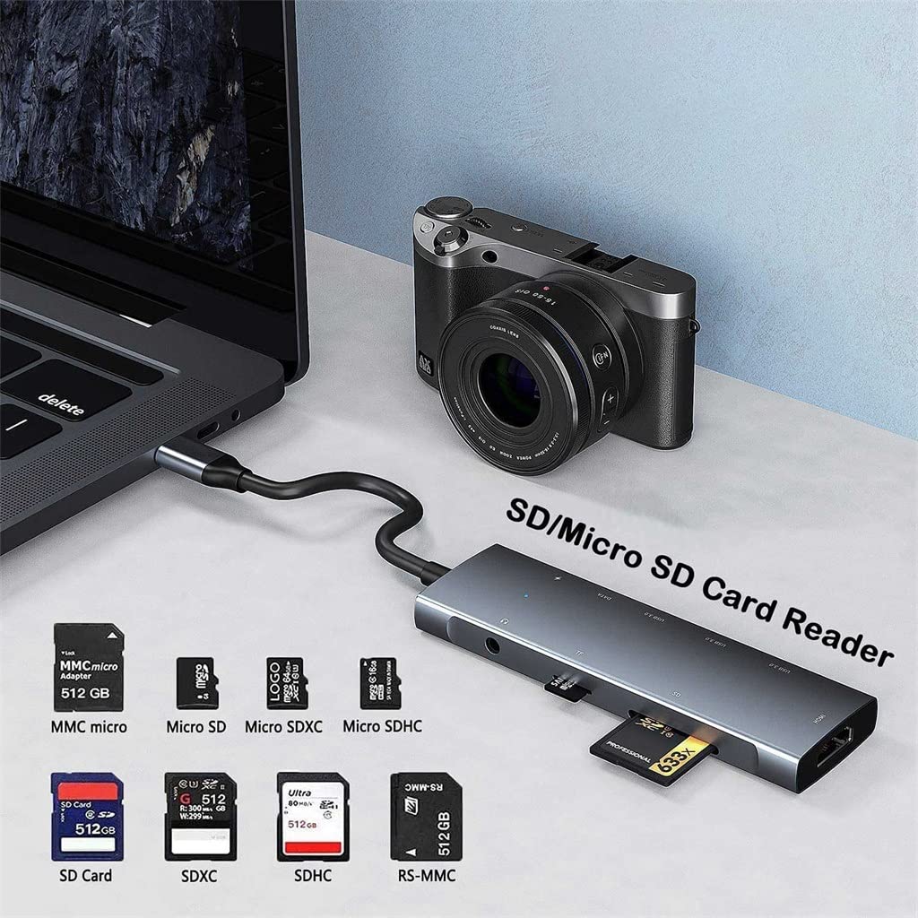 DLOETT USB C HUB with 4K PD Charging, SD/Micro Card Reader, USB 3.0, 3.5mm Headphone Jack Type C