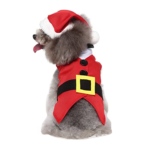 FLAdorepet Santa Claus Dog Costume with Christmas Hat Red Pet Cat Clothes Tuxedo with Bow Tie Coat Clothes for Small Medium Boy Girl Dog (Small, Red)