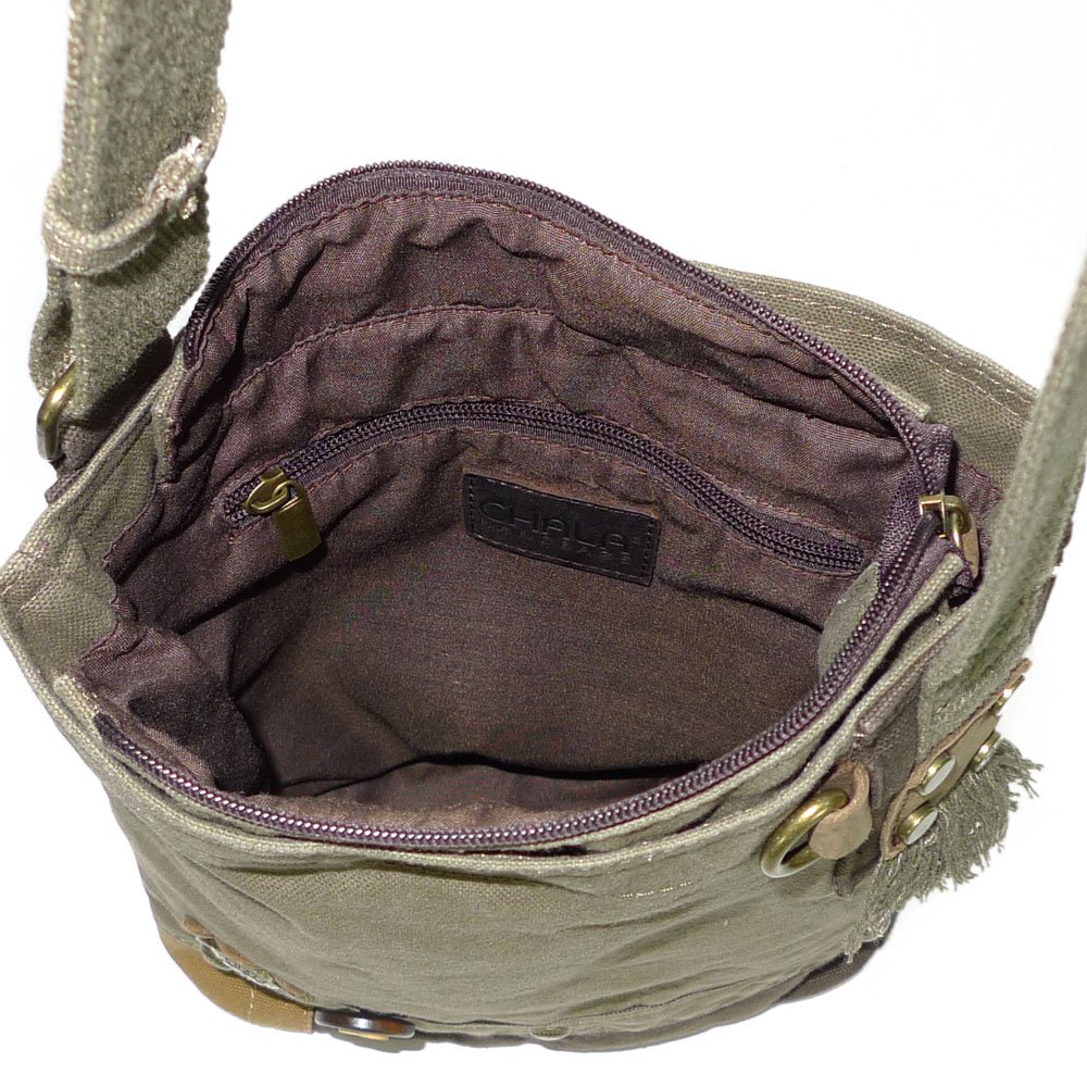 Canvas Patchwork Cross-body Messenger Bag with faux leather Animal Coin Purse (White Chichik Bird - Olive)