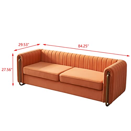 Melpomene Vertical Channel Tufted Velvet Sofa with Round Arm and Gold Metal Legs,Armrest 84.25" W(Orange)