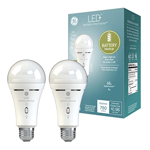 GE LED+ Light Bulb with Backup Battery , Rechargeable Emergency LED Light Bulb for Power Outages + Flashlight, A21 Standard Bulbs (2 Pack)