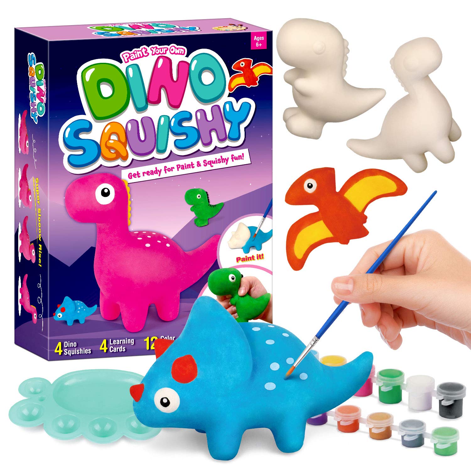 XX Dino Squishy Painting Kit Paint 4 Large Dino Squishies Color Your Own Squishy with Puffy Paint Make Your Own, DIY Squishies Kit, Dinosaur Toys - Arts and Crafts Gifts for Kids, Boys & Girls
