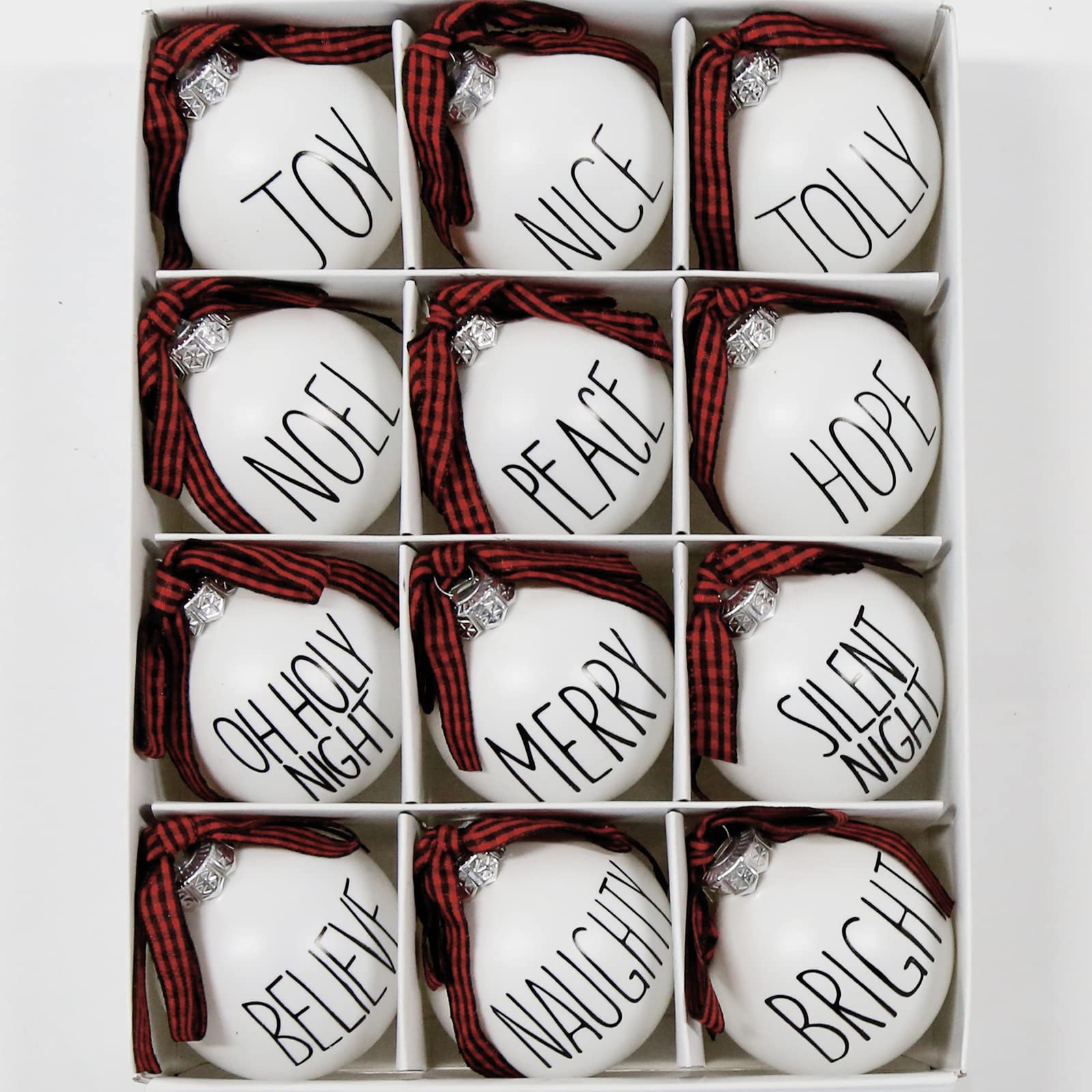 Christmas Ornaments - Xmas Tree Decorations - Set of 12 Shatterproof Bulbs with Buffalo Plaid Bows - White Holiday Balls Rustic Farmhouse Decor