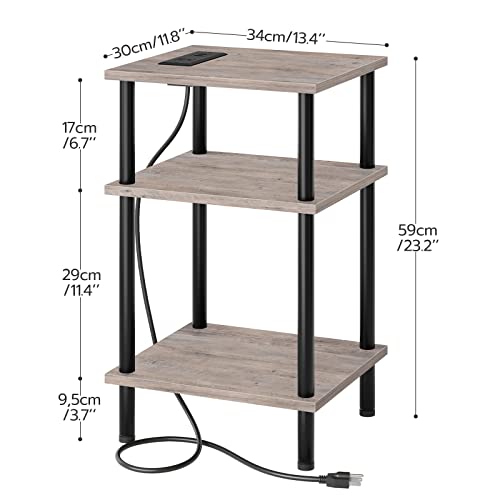 HOOBRO Set of 2 Side Tables with Charging Station and USB Ports, 3-Layer Stackable Nightstands, End Tables for Small Spaces in Bedroom, Living Room, Industrial Style, Greige and Black BG10UBZP201