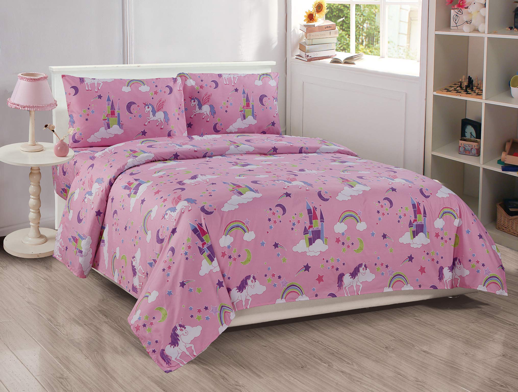Luxury Home Collection 7 Piece Queen Size Comforter Set for Girls/ Teens Unicorn Castle Rainbow Clouds Moon Shining Stars Lavender Pink Blue Yellow (Queen Comforter)