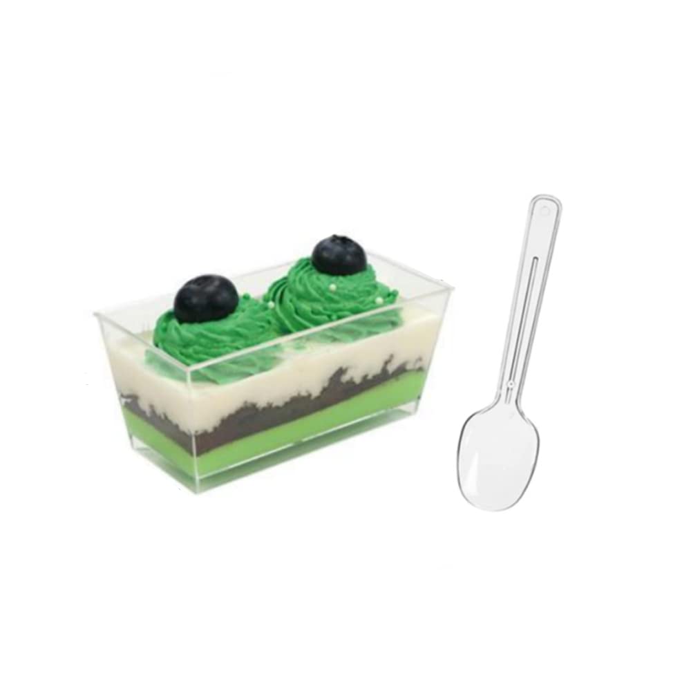 DongAi 50 Pcs Mini Plastic Square Dessert Cup,4.75oz Transparent Square Shot Glass,For Jelly Yogurt Pudding Mousse Ice Cream(with 50 scoops)