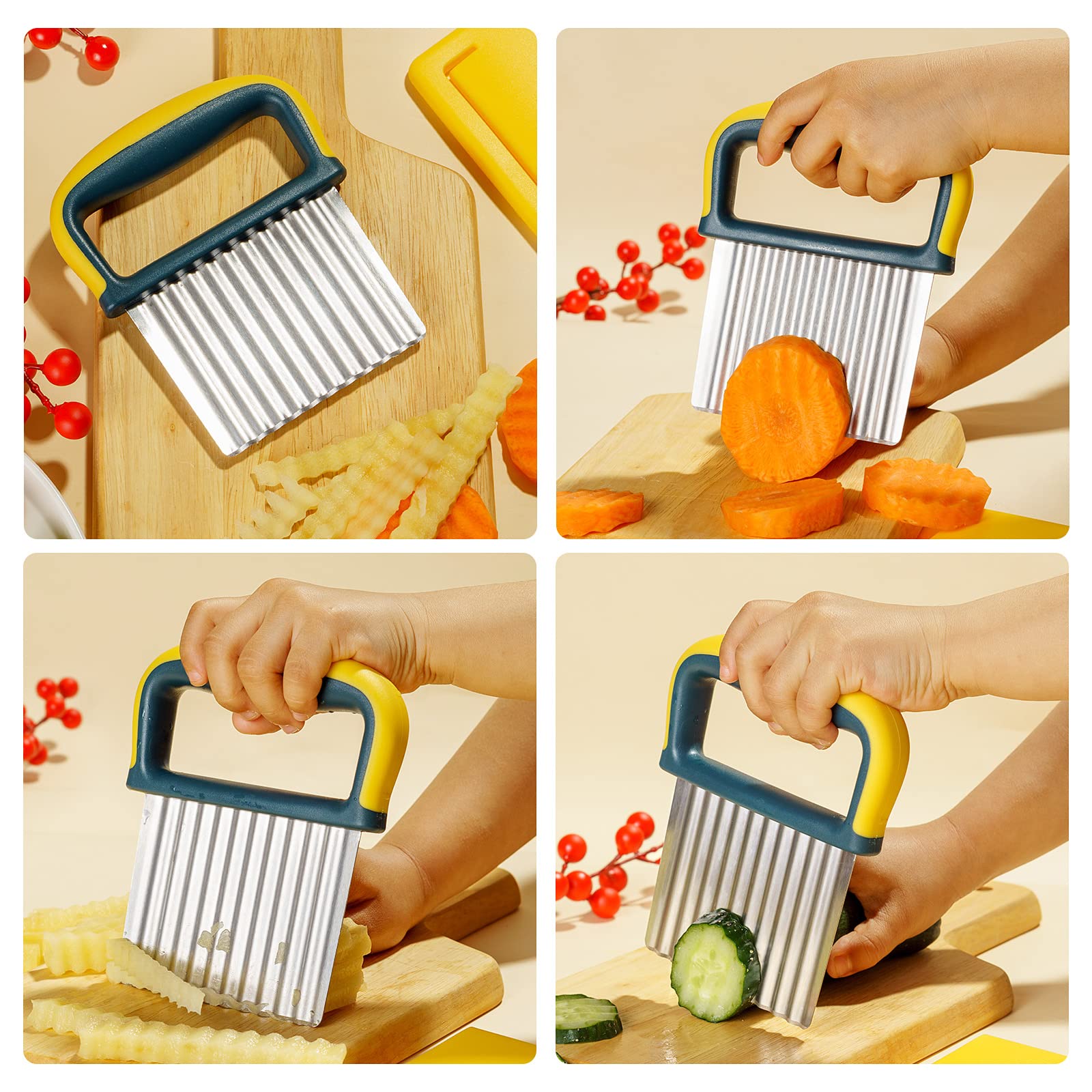 Crinkle Cutter Knife, Potatoes Crinkle Fry Cut and Vegetable Cutter for Veggies, Stainless Steel Carrot Slicer(Yellow)