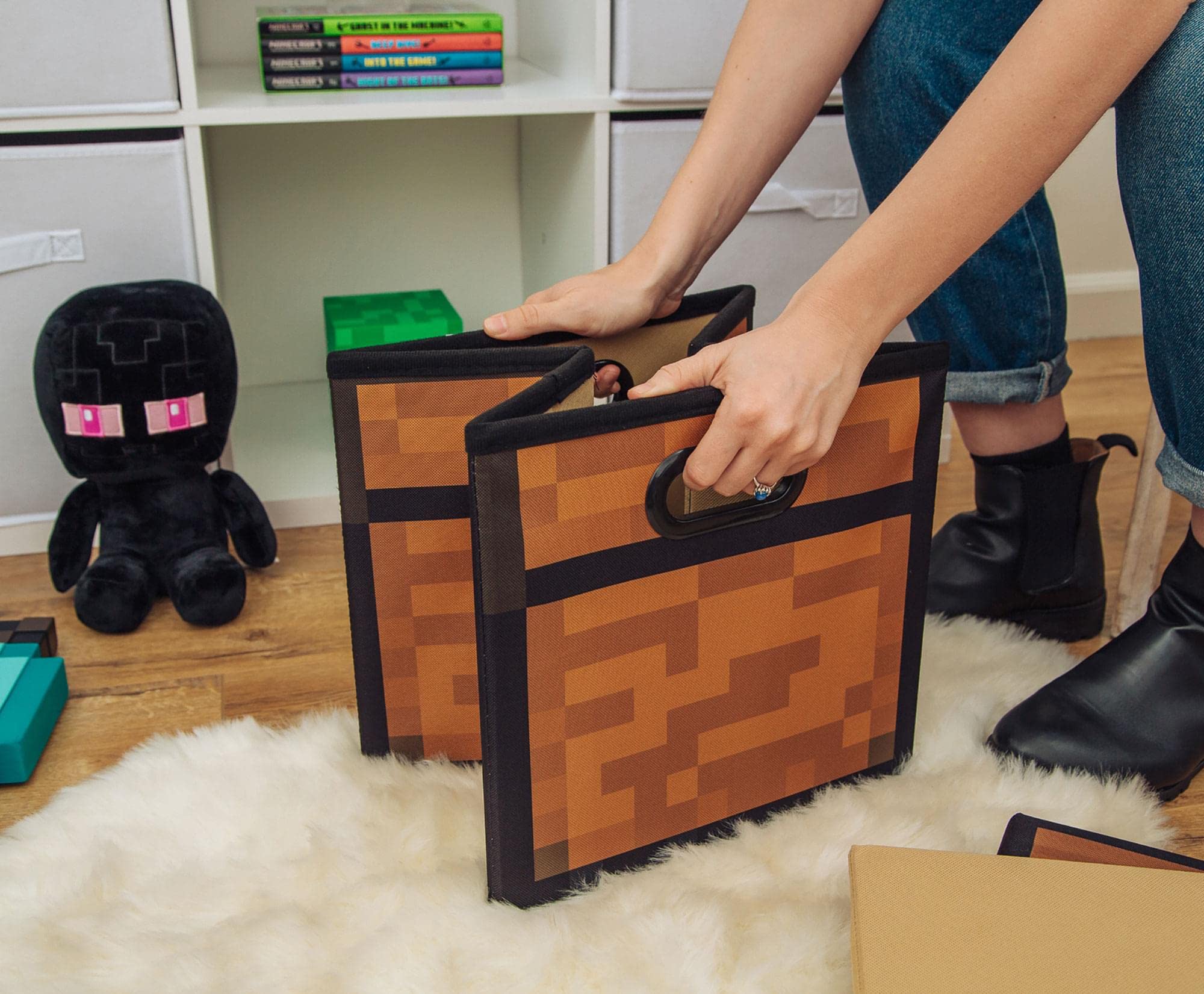 Minecraft Brown Chest 13-Inch Storage Bin Chest With Lid | Foldable Fabric Basket Container, Cube Organizer With Handles, Cubby For Shelves, Closet | Home Decor Essentials, Video Game Gifts