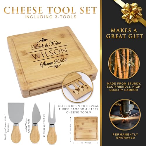 Customized Cheese Cutting Board and Serving Tray and Knife Tools Set - Custom Personalized for Couples, Weddings, Housewarming, Anniversary