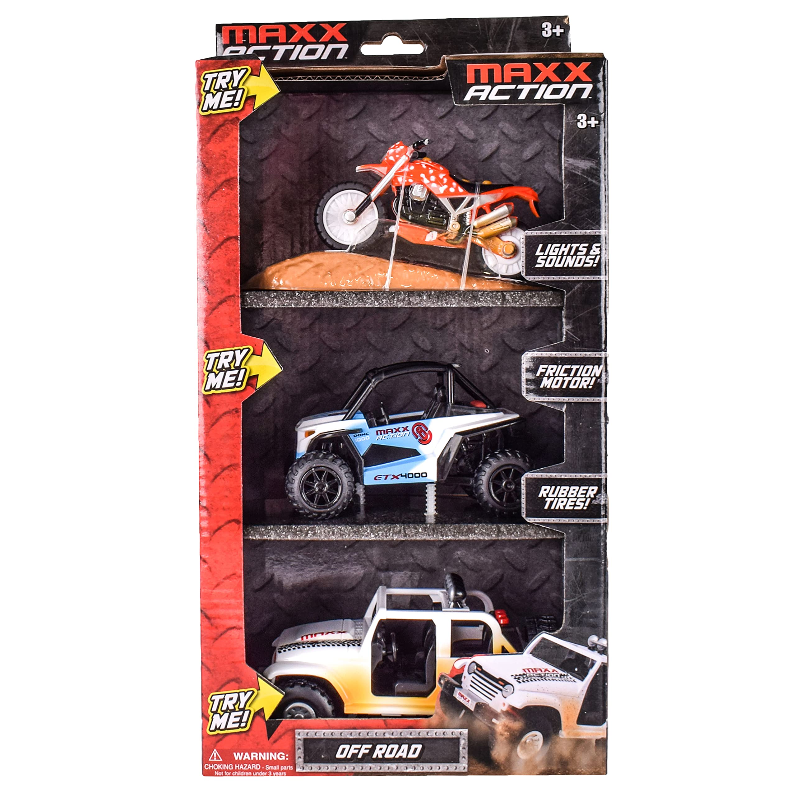 Sunny Days Entertainment Maxx Action Mini Off-Road Lights & Sounds Vehicles – 3 Pack with Motorcycle with Dirt Mound, ATV and Sports Vehicle