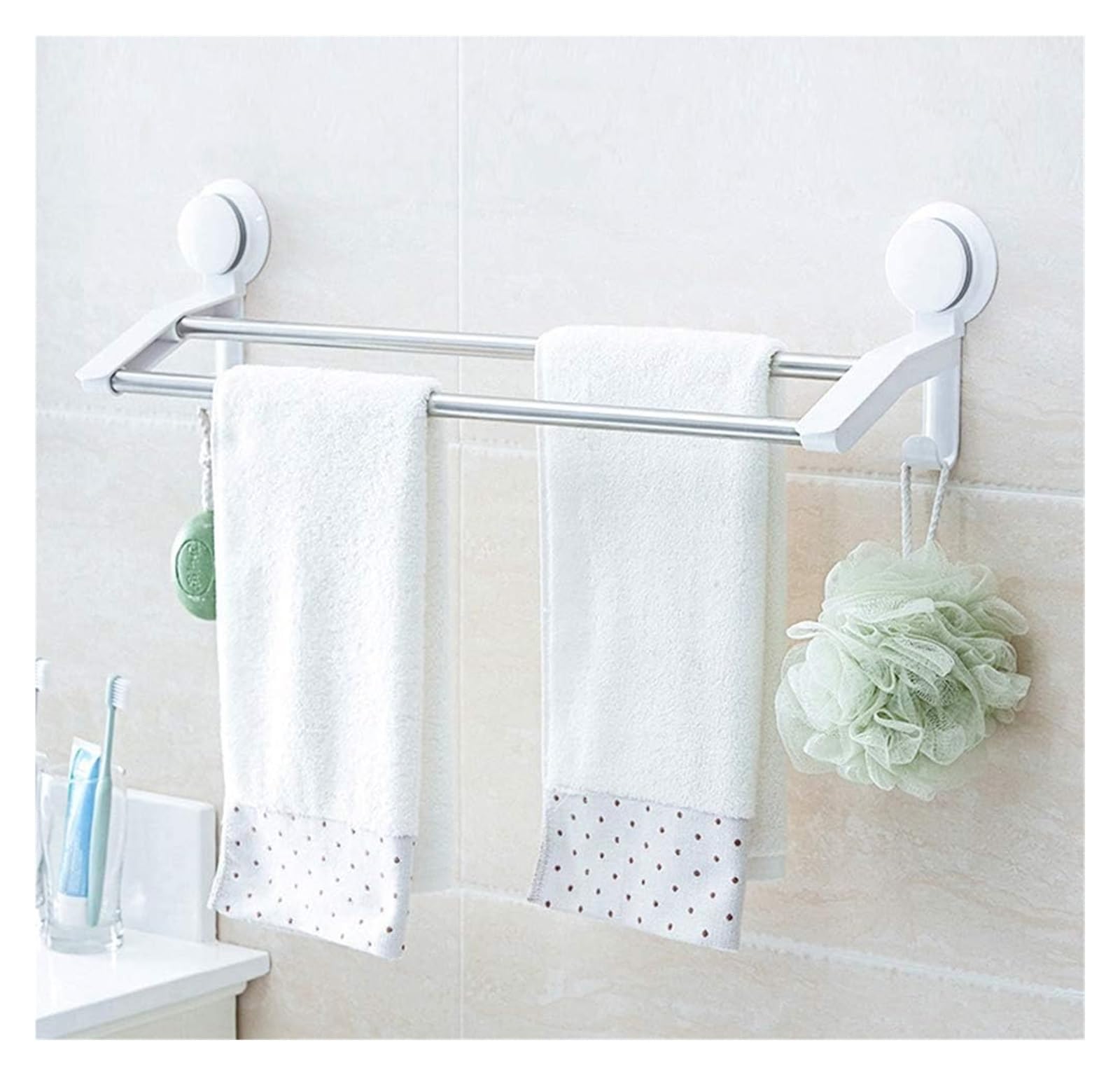 TiStm Towel Racks Towel Shelfs,Towel Rack Bathroom Suction Cup with Two Hooks,Simple Environmentally Friendly Kitchen Toilet Double Pole Rack No Drilling/32Cm (Color : 32cm)