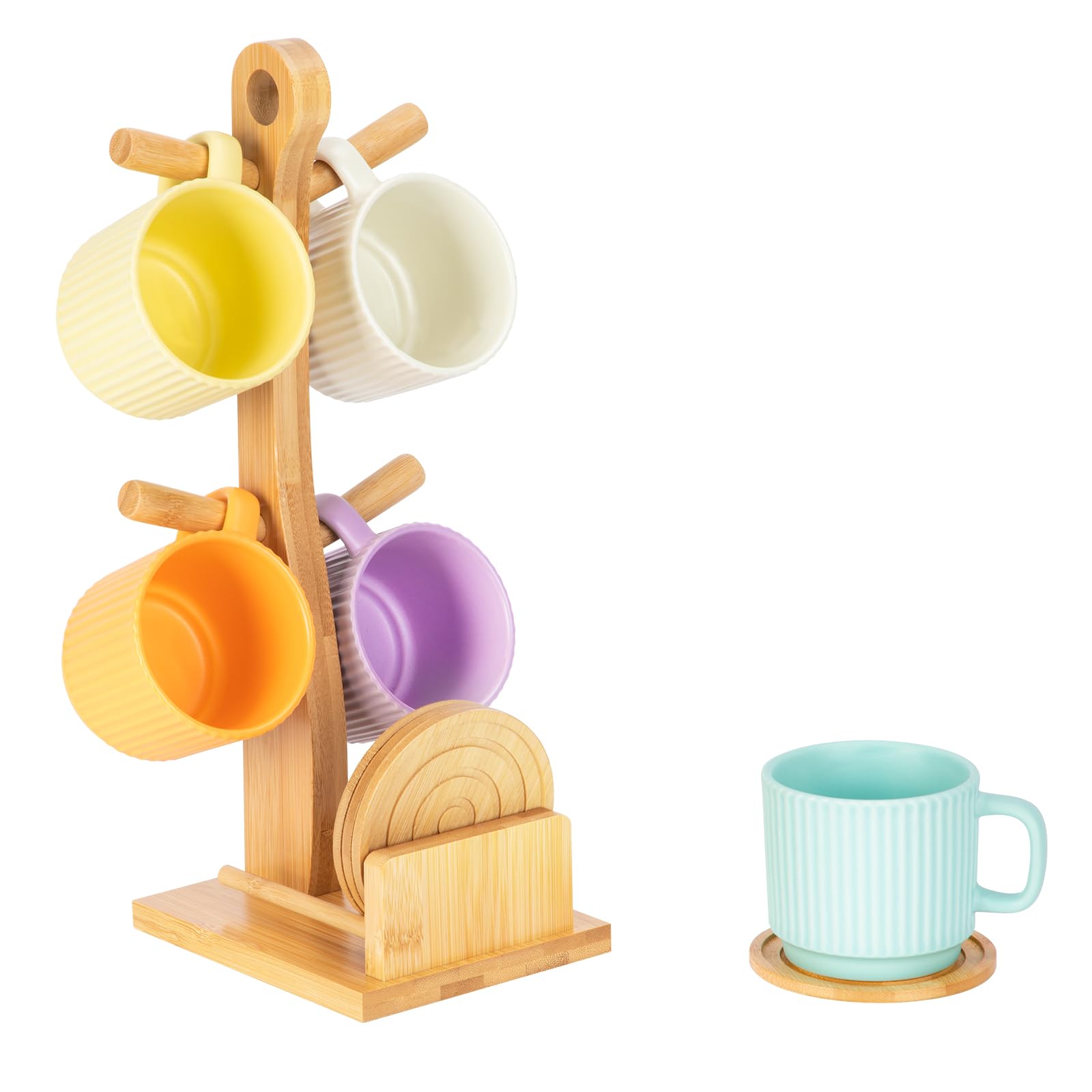E-ROOM TREND Bamboo Mug Holder with Coasters 4 Pcs, Coffee Mug Tree for Large Mugs with 4 Hooks Stand for Countertop Coffee Bar Accessories Decor Coffee Organizer Station(MHC400)