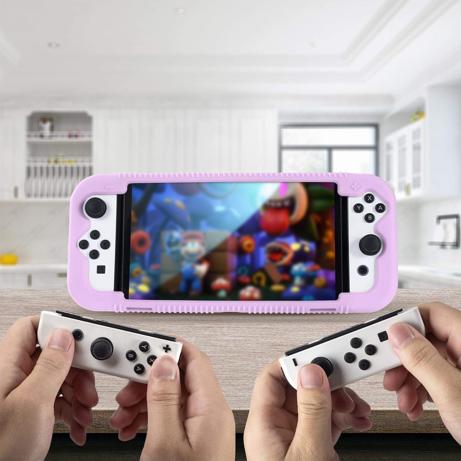 Teyomi Silicone Case for Nintendo Switch OLED with 2 Game Cards Slots, [Kids Friendly] Shockproof Protective Cover with Tempered Glass Screen Protector, Ergonomic Grip Case for Switch OLED, Purple