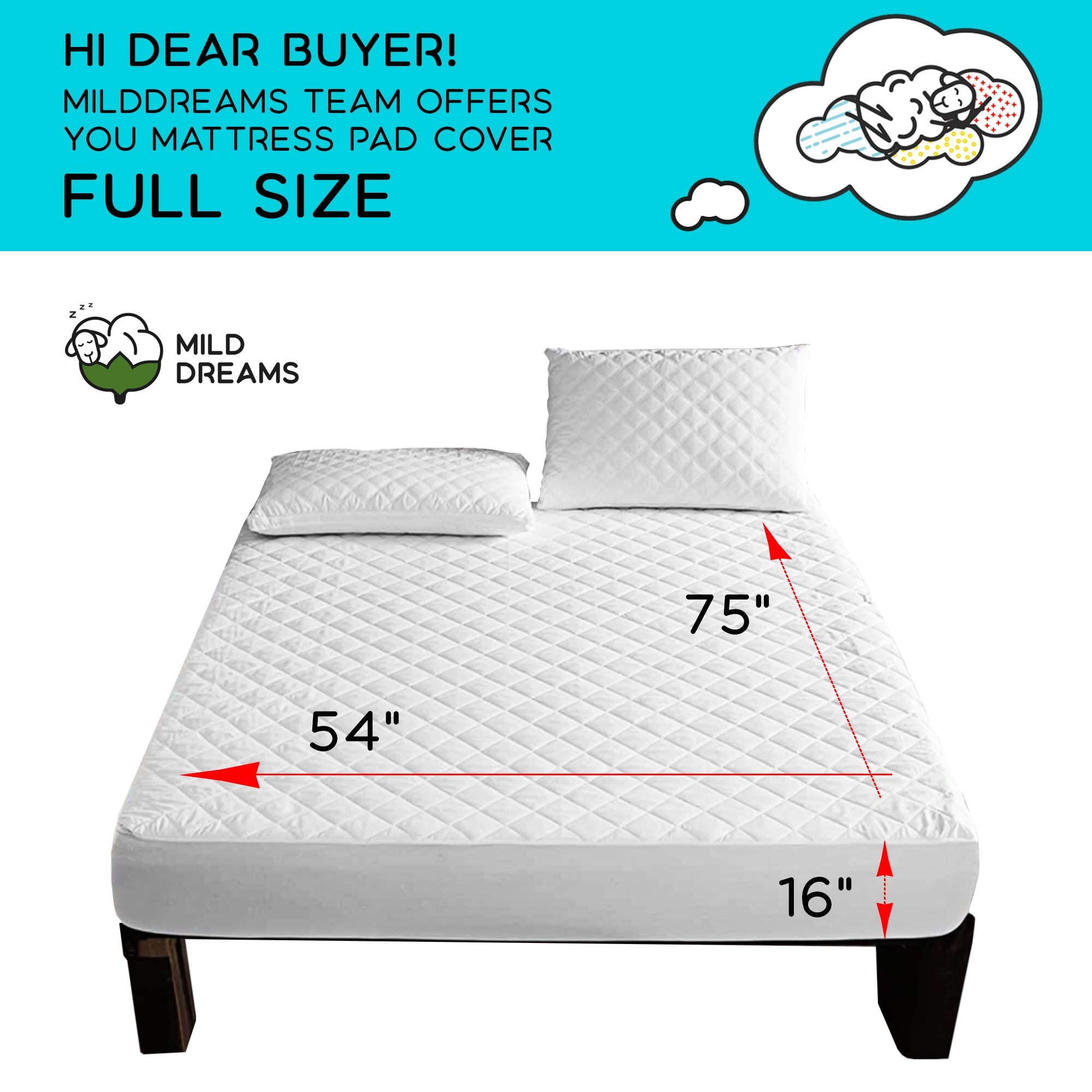 Full Mattress Pad Cover Fitted - Full Bed Mattress Cover Size 54x75 inches Stretches to 16 Deep Pocket- Fitted Quilted Sheet for Full Mattress, White