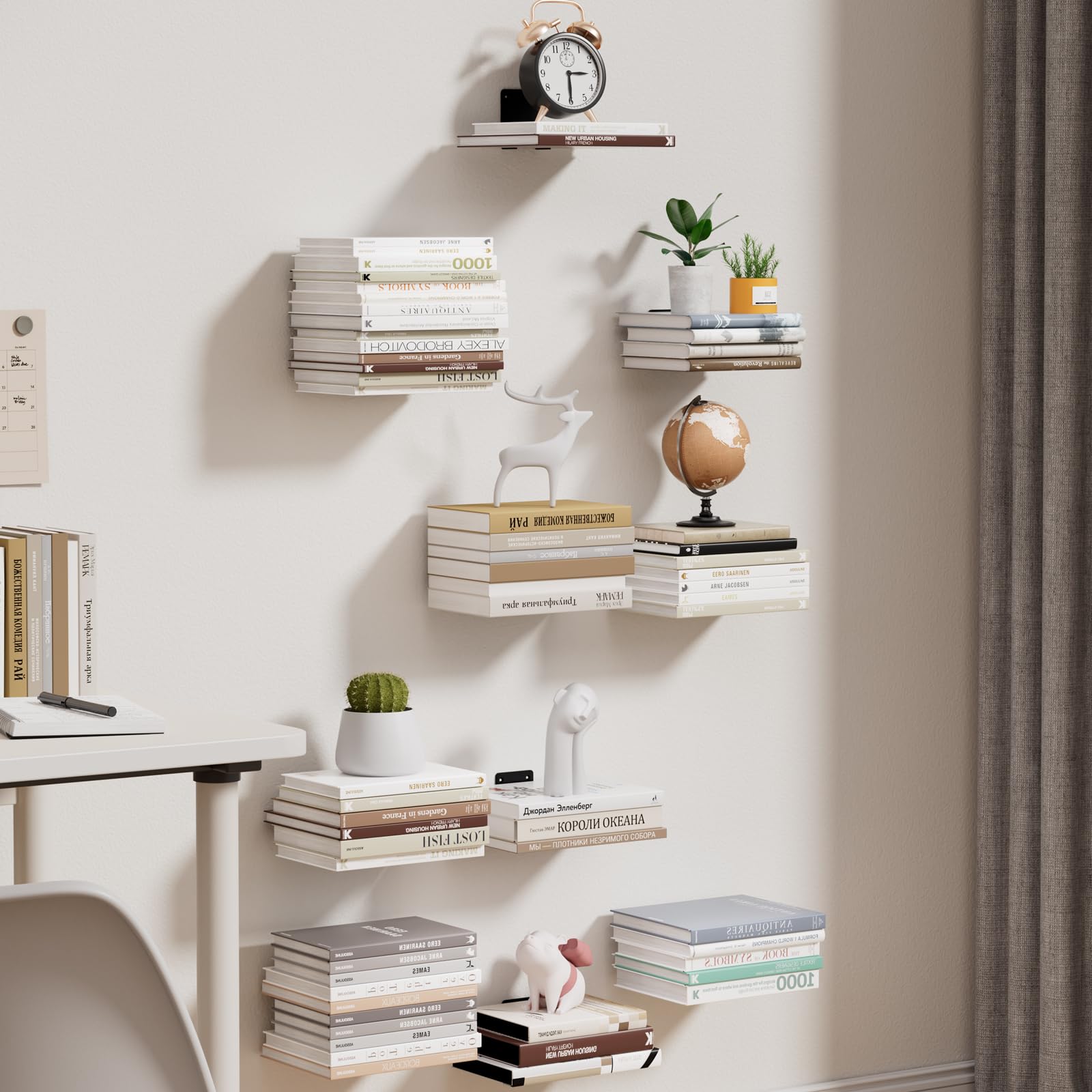 E-Senior Invisible Floating Bookshelves Set of 2, White Wall Mounted Bookshelf, Heavy-Duty Book Organizers, Iron Hanging Shelves for Bedroom, Living Room, Kitchen, Office