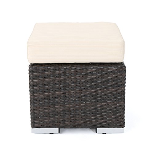 GDFStudio Outdoor 16 Inch Multibrown Wicker Ottoman Seat with Beige Water Resistant Cushion