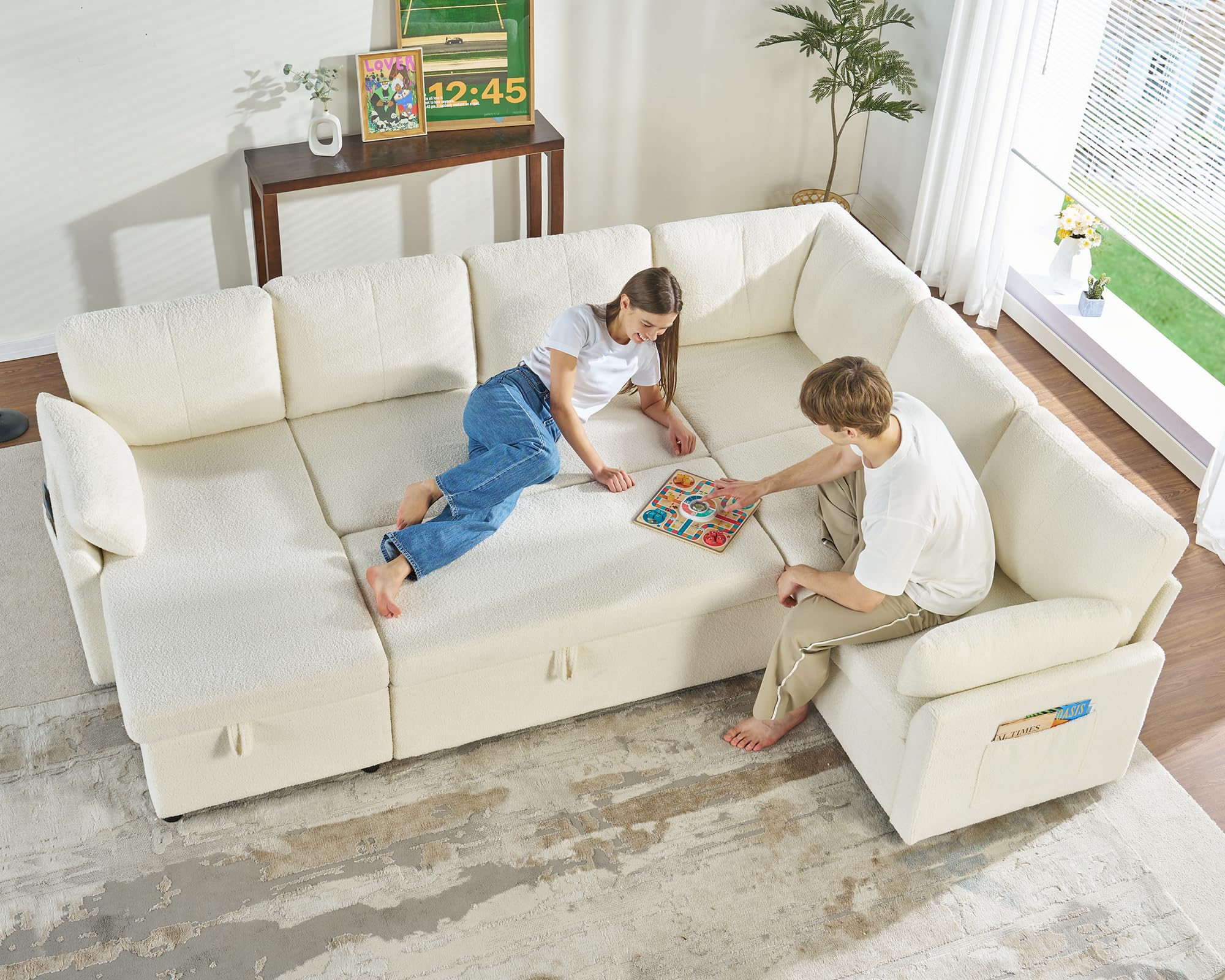 VanAcc Sleeper Sofa, 112 Inch Pull Out Sofa Bed with Storage Chaise & 3 Seater, Oversized U Shape Sectional Couch with Pull Out Bed, White Boucle Couch