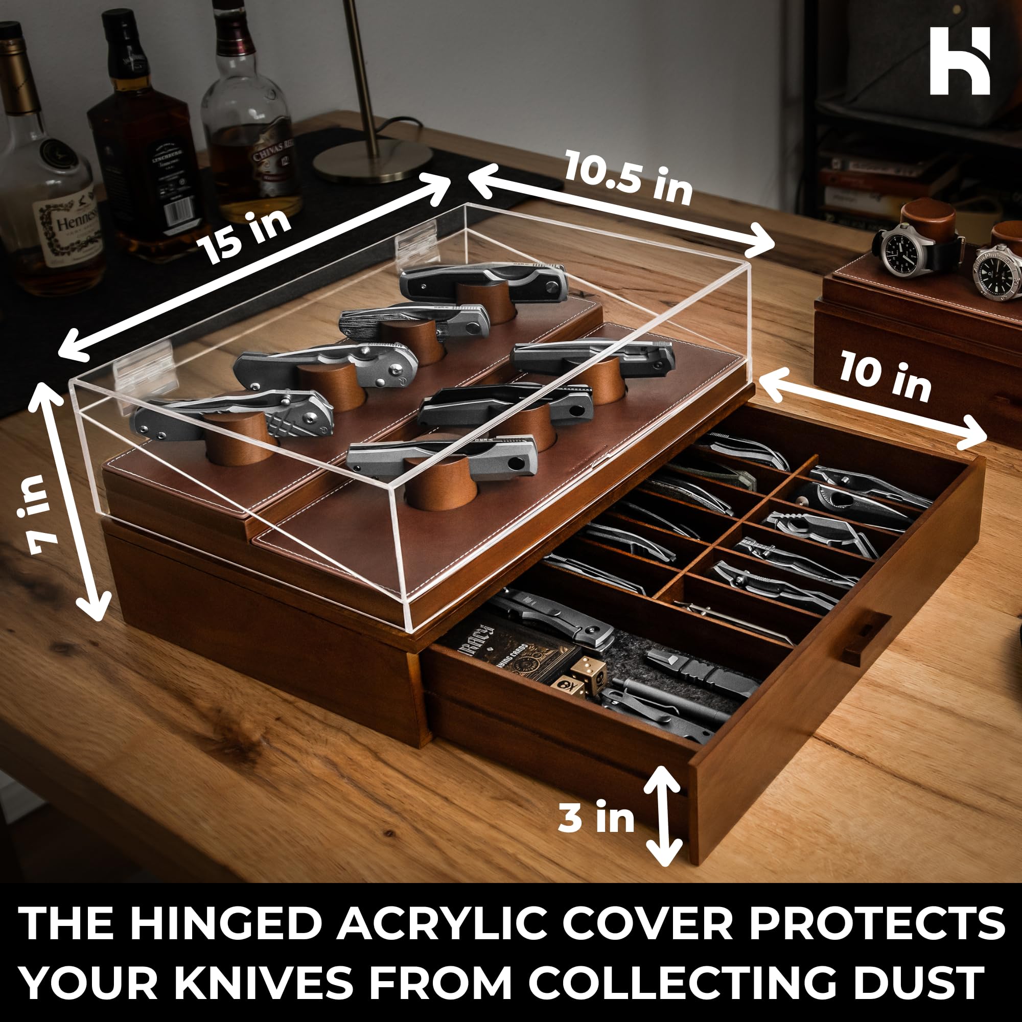 Holme & Hadfield Luxury Pocket Knife Display Case for 20-30 Knives The Armory Pro β Premium Wooden Knife Case for Collections β Large Knife Organizer with Drawer for Men