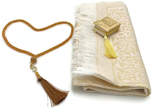 Muslim Gifts Hajj Hac Haji Gift Set Prayer Rug Janamaz Seccade Pearl Tasbeeh Prayer Beads and Pocket or Car Decor Mini Quran 3pcs/Set (Gold)
