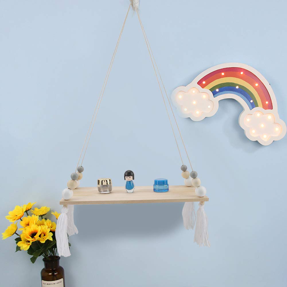 Hanging Wood Floating Shelves Nordic Wall Hanging Shelf Swing Wall Storage Shelf for Living Room Bedroom, [White Gray]
