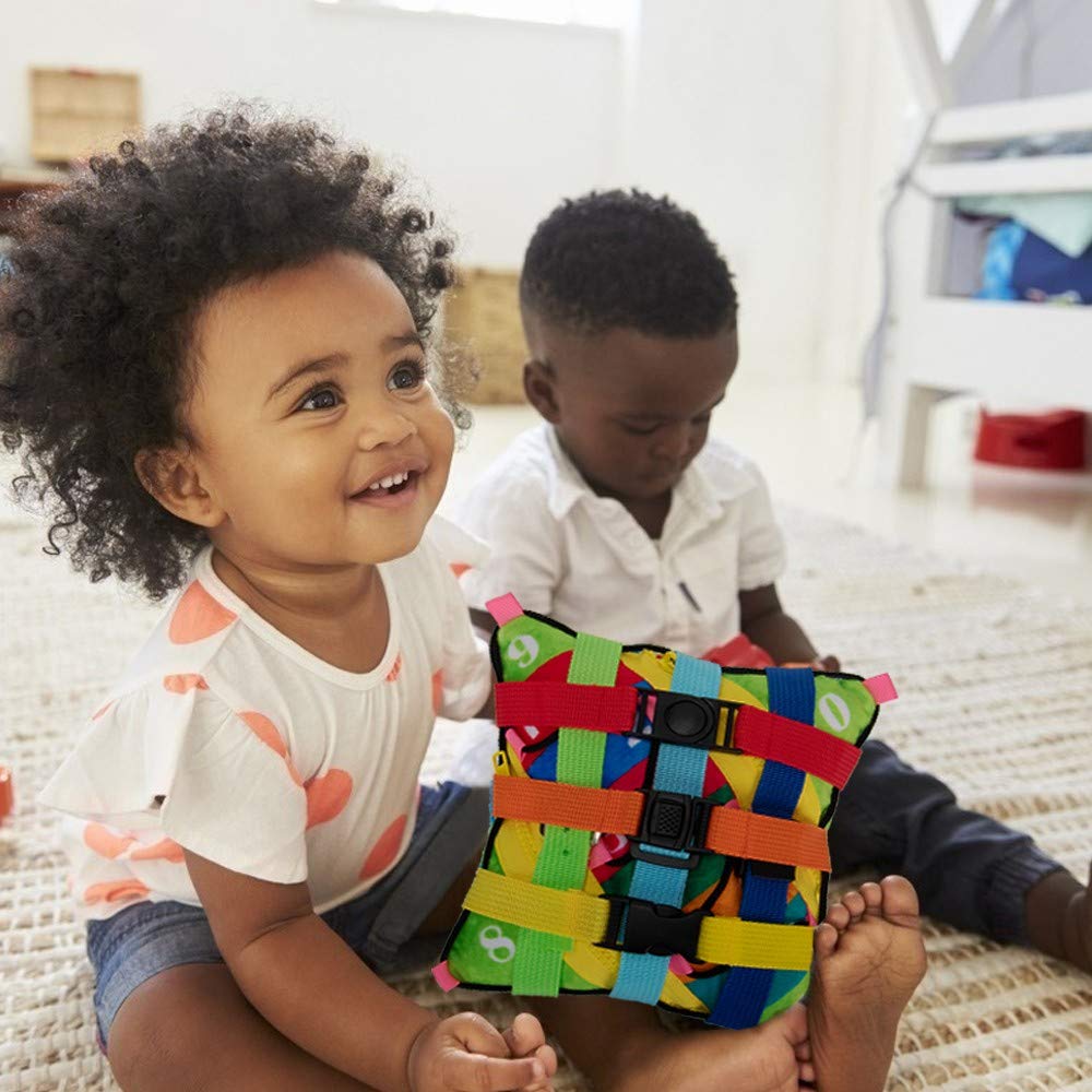 teytoy Sensory Buckle Pillow for Toddler Children Learning Fine Motor Skill & Problem Solving Buckles Educational, Montessori Fidgets Travel Toy for Kids Plush Threading Counting Zipper-12 Basic Skill