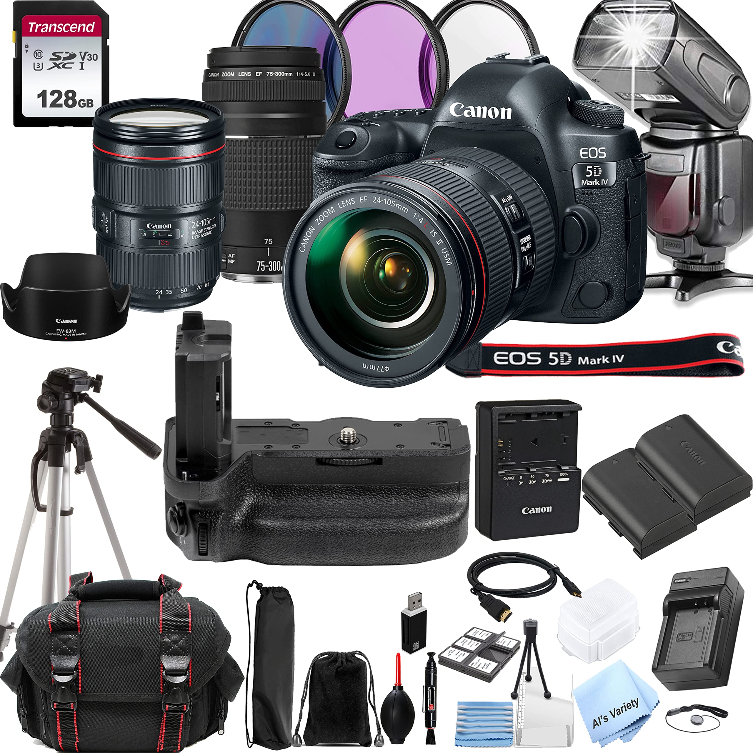 Canon EOS 5D Mark IV DSLR Camera w/ 24-105MM F/4 L + 75-300mm Zoom Lenses + 128GB Memory, TTL Speedlite Flash, Battery Grip, Filters, Case, Tripod + More (36PC Bundle Kit)