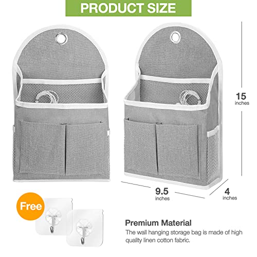 Ndeno 2 Pack Wall Hanging Organizer Bag with Pockets Fabric Storage Bag Basket Caddy Waterproof Over the Door Pouch Closet Shelves with Hook for Kitchen,Bedroom, Bathroom (Grey+Grey)
