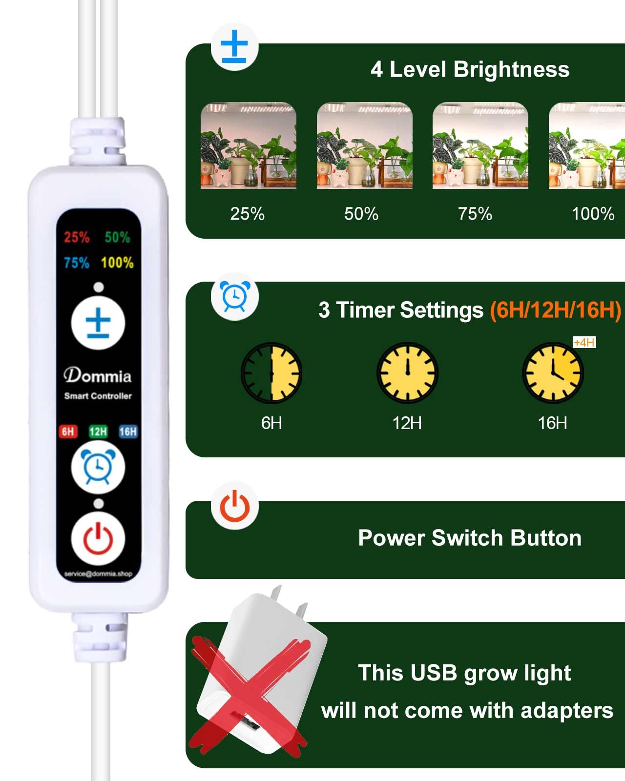 DOMMIA Grow Light, Dimmable Grow Light for Indoor Plants Full Spectrum with Optical Lens, Sunlike Under Cabinet Grow Light with 6/12/16H Timer, USB LED Plant Light for Indoor Growing (No Adapters)