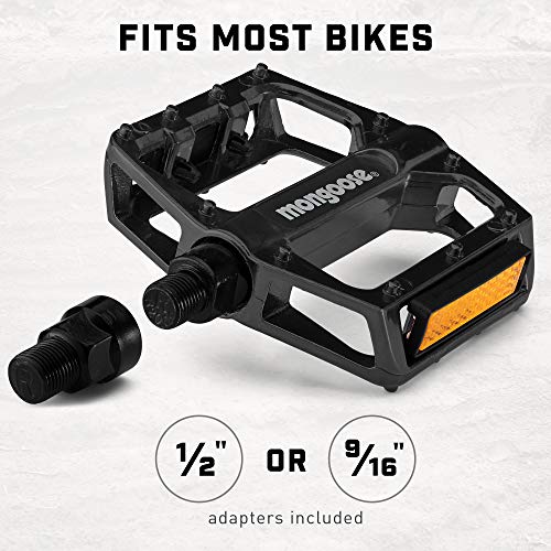 Mongoose Adult Mountain Bike Pedals, 1/2" and 9/16" Adapters, Durable Alloy Bicycle Platform Pedal, Refective Strips, MTB Bike Accessories, Black
