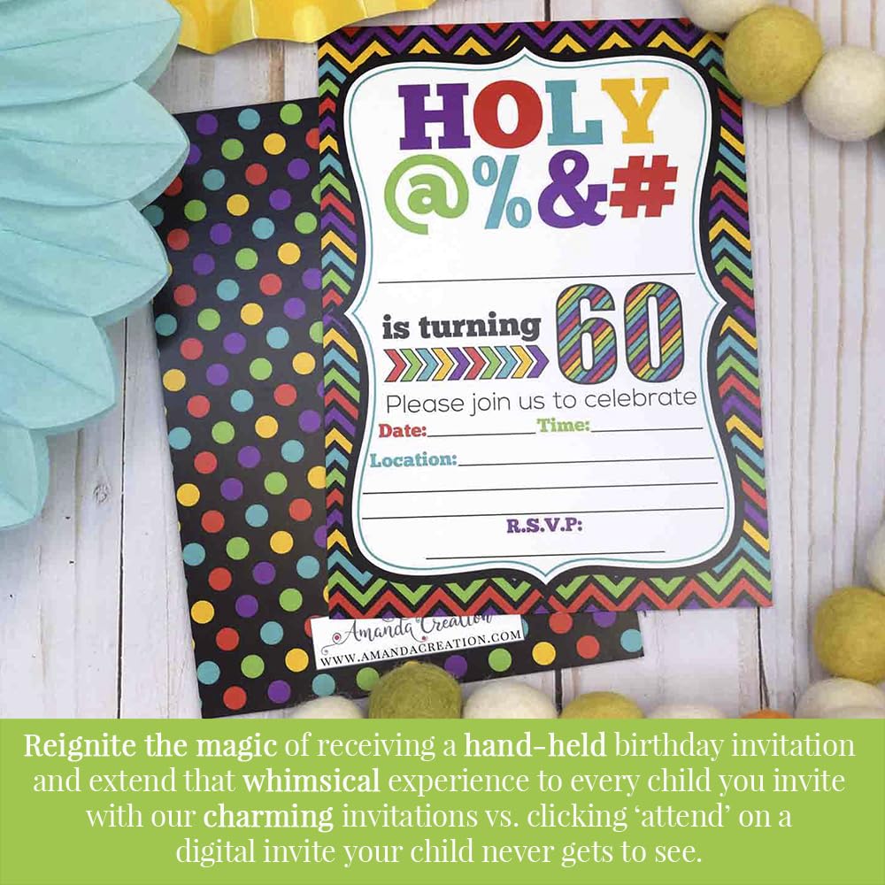 HOLY @% 60th Birthday Party Invitations, 20 Funny 5x7 Fill In Cards with Twenty White Envelopes for Milestone Birthdays by AmandaCreation