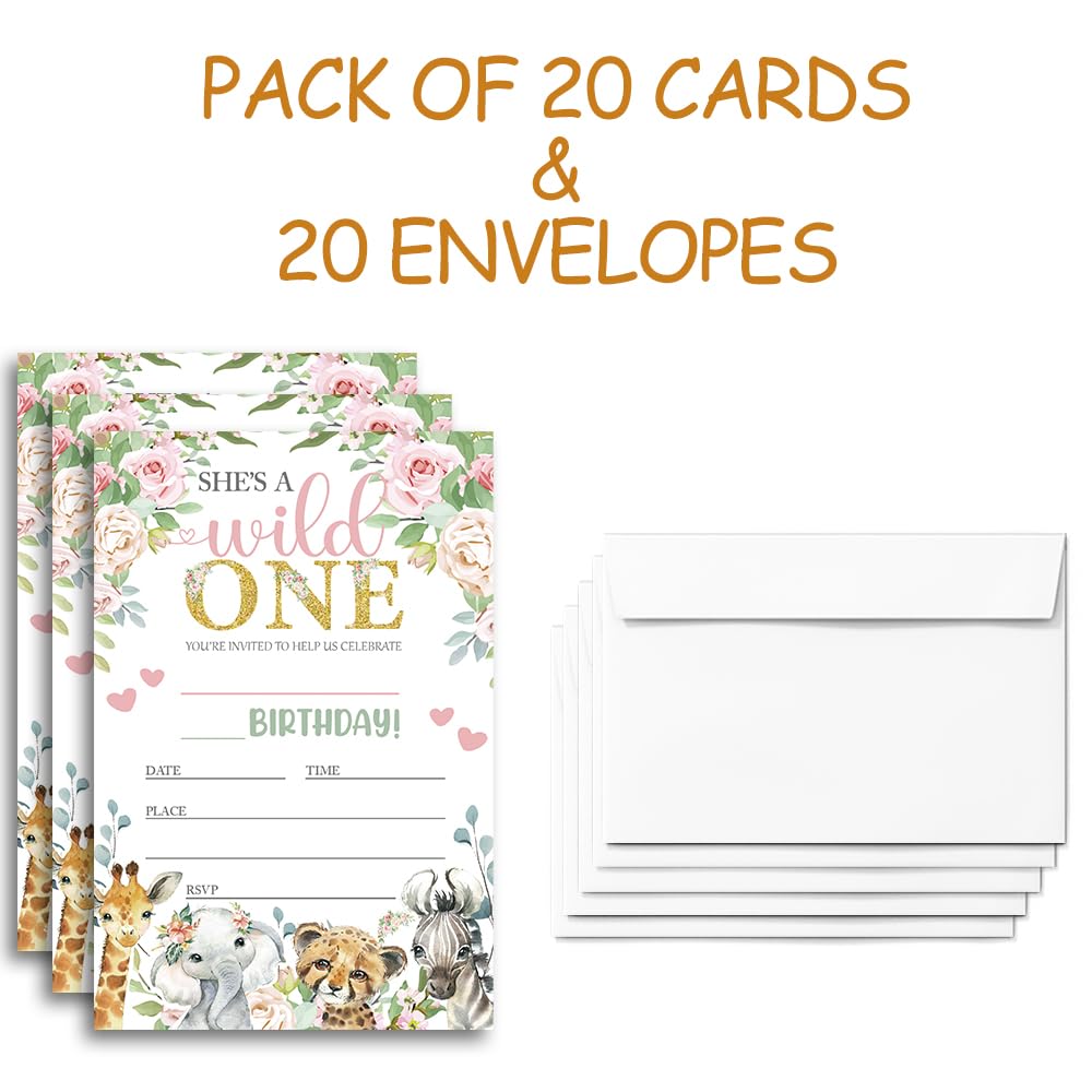 FujLoy Wild One Birthday party Invitations, Wild One Invitations, Jungle Theme, Animals Birthday Party Invites.(060)