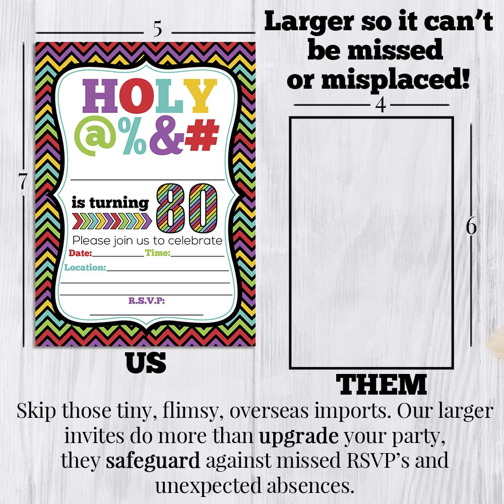 HOLY @% 80th Birthday Party Invitations, 20 Funny 5x7 Fill In Cards with Twenty White Envelopes for Milestone Birthdays by AmandaCreation