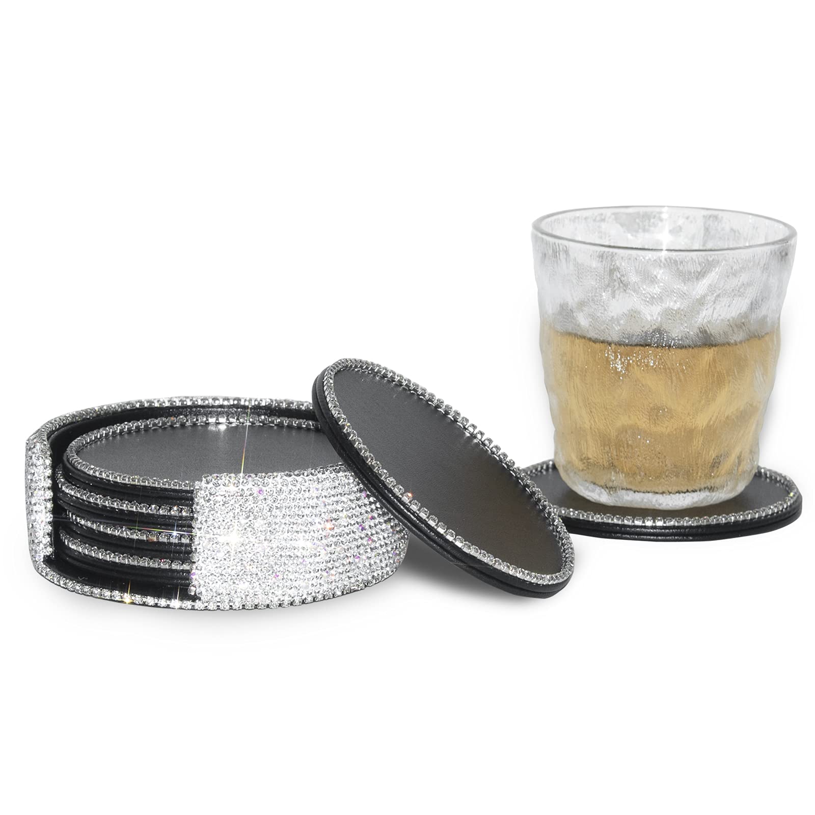 Coasters for Drinks Coffee Tea Cup Pads Table Mat with Coaster Holder for Home,Office,Kitchen,Bar,Bling Crystal Luxury Handmade Diamond (Set of 6) (R White)
