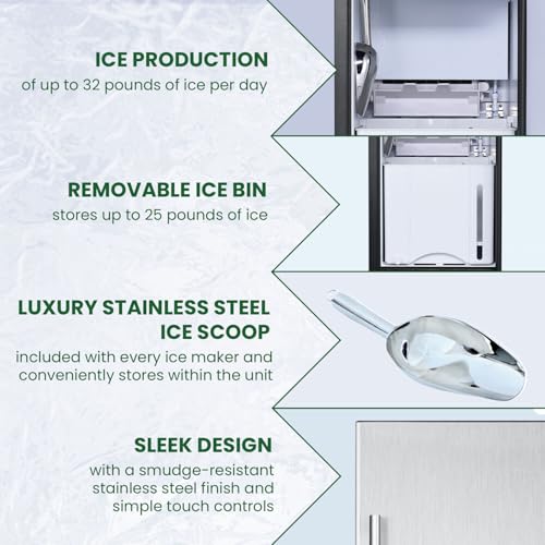 Hanover Library Series 32-Lb. Automatic Ice Maker with Reversible Door and Touch Controls, Stainless Steel Ice Machine for Under Counter, Garage, Home Bar, and Kitchen, Makes Clear Ice
