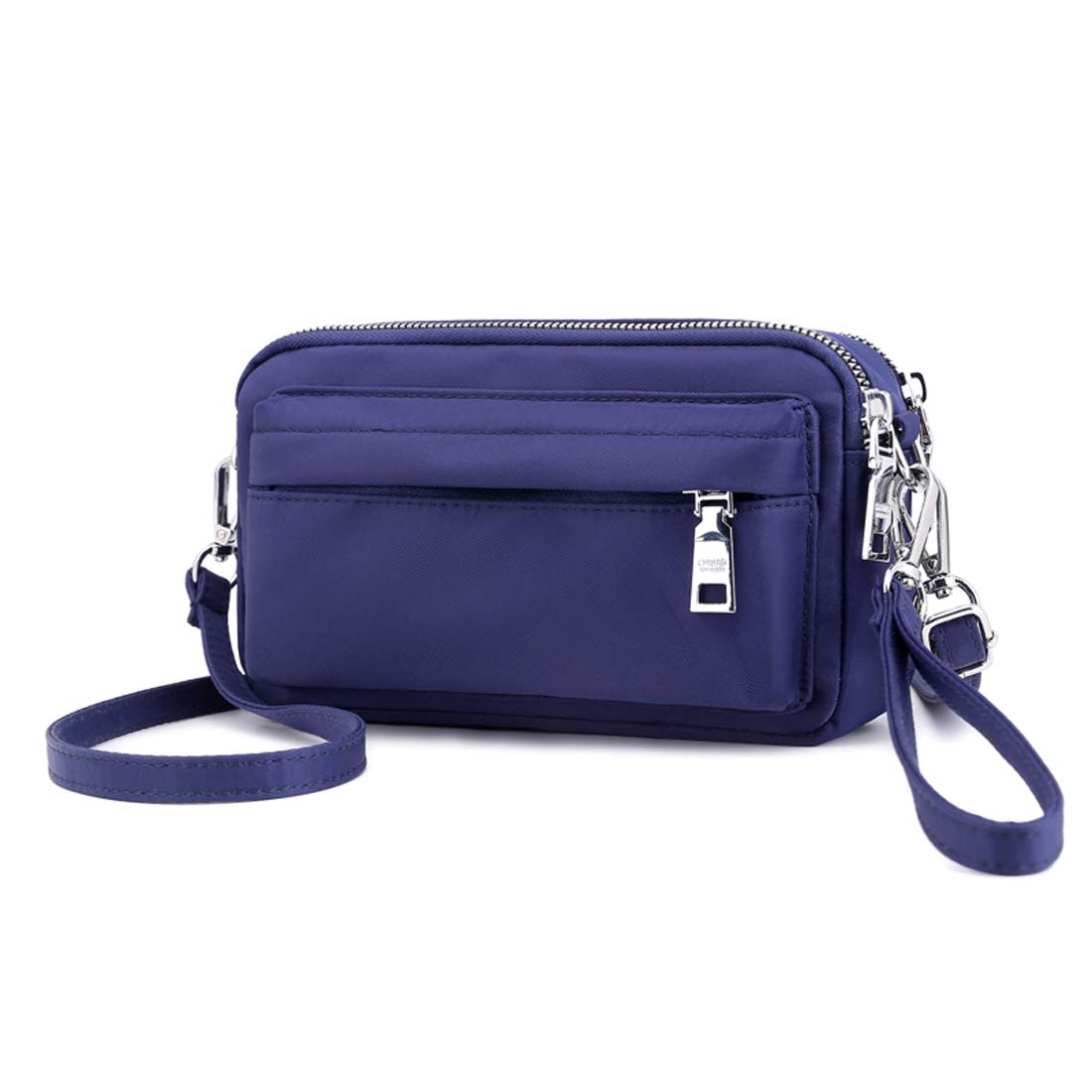 YANAIER Multi-Zipper Crossbody Handbag Purse, Women's Nylon Wristlet Mini Crossbody Bag Clutch with 2 Straps Dark Blue