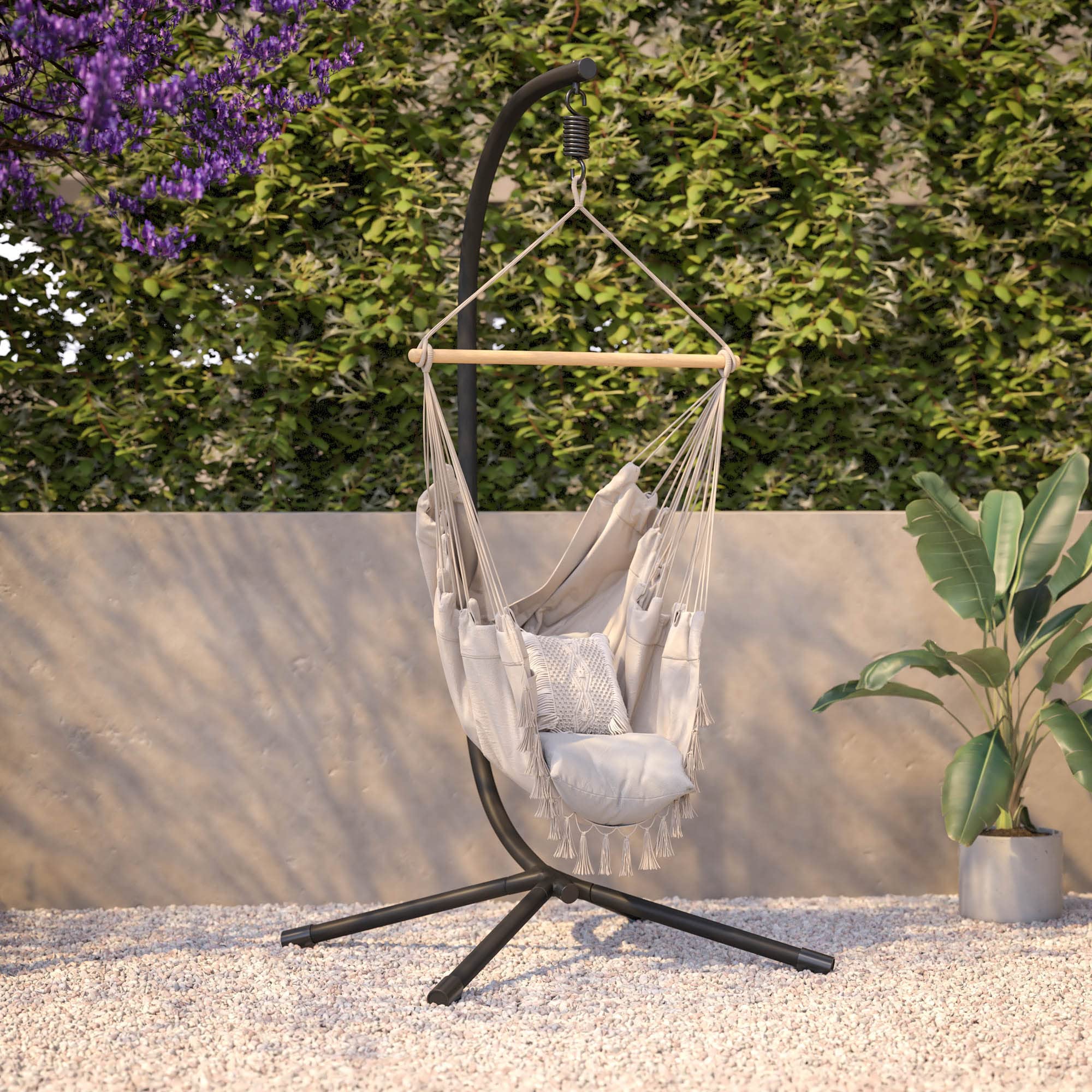 Flash Furniture Harvo Commercial All-Weather Hanging Hammock Chair C-Stand - Black Heavy Duty Steel Offset Base - Included Hardware - 360 Degree Rotation