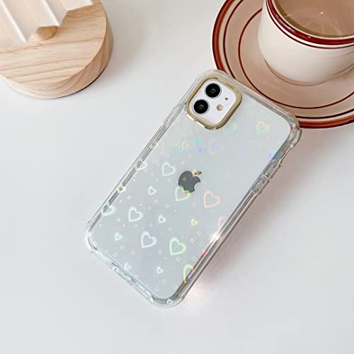 GAN Cheng Compatible with iPhone 11 Case 6.1" 2019 with Screen Protector, Shockproof TPU and Hard PC Cute Bling Glitter Sparkle Protective Case for Women & Girls - Clear Holographic Heart