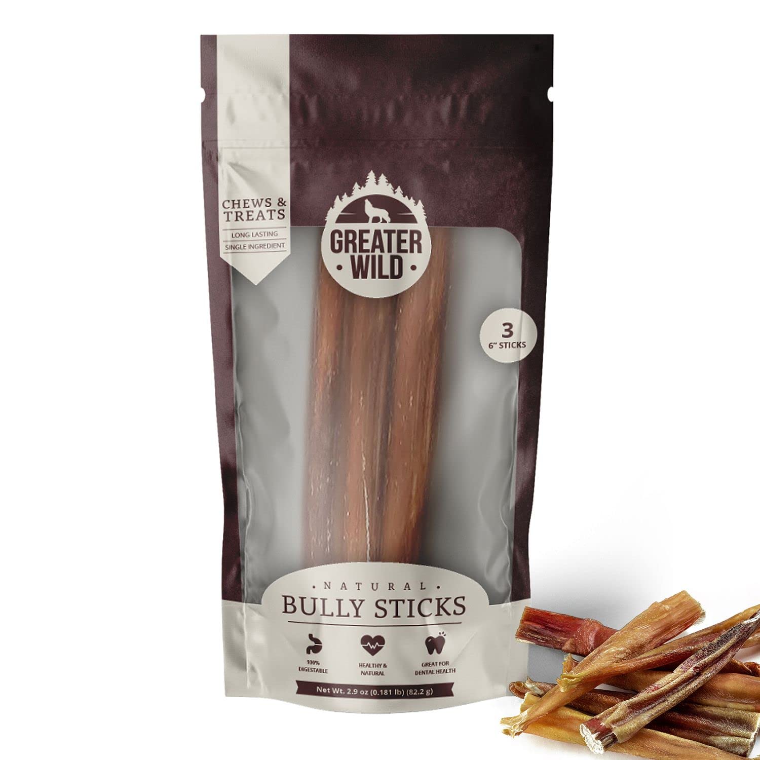 GREATER WILD Beef Bully Sticks Dog Treats, 5 6" Sticks - Single Ingredient, All Natural, Long Lasting Dog Chews for Large and Small Dogs - 100% Digestible