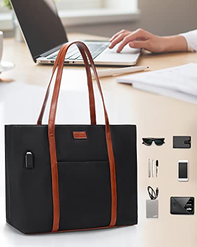 Laptop Tote Bag for Women Teacher Work Office USB Bags Fits 15.6 inches Laptop Lightweight Water Resistant Nylon Tote Bag (Black and Brown Strap)