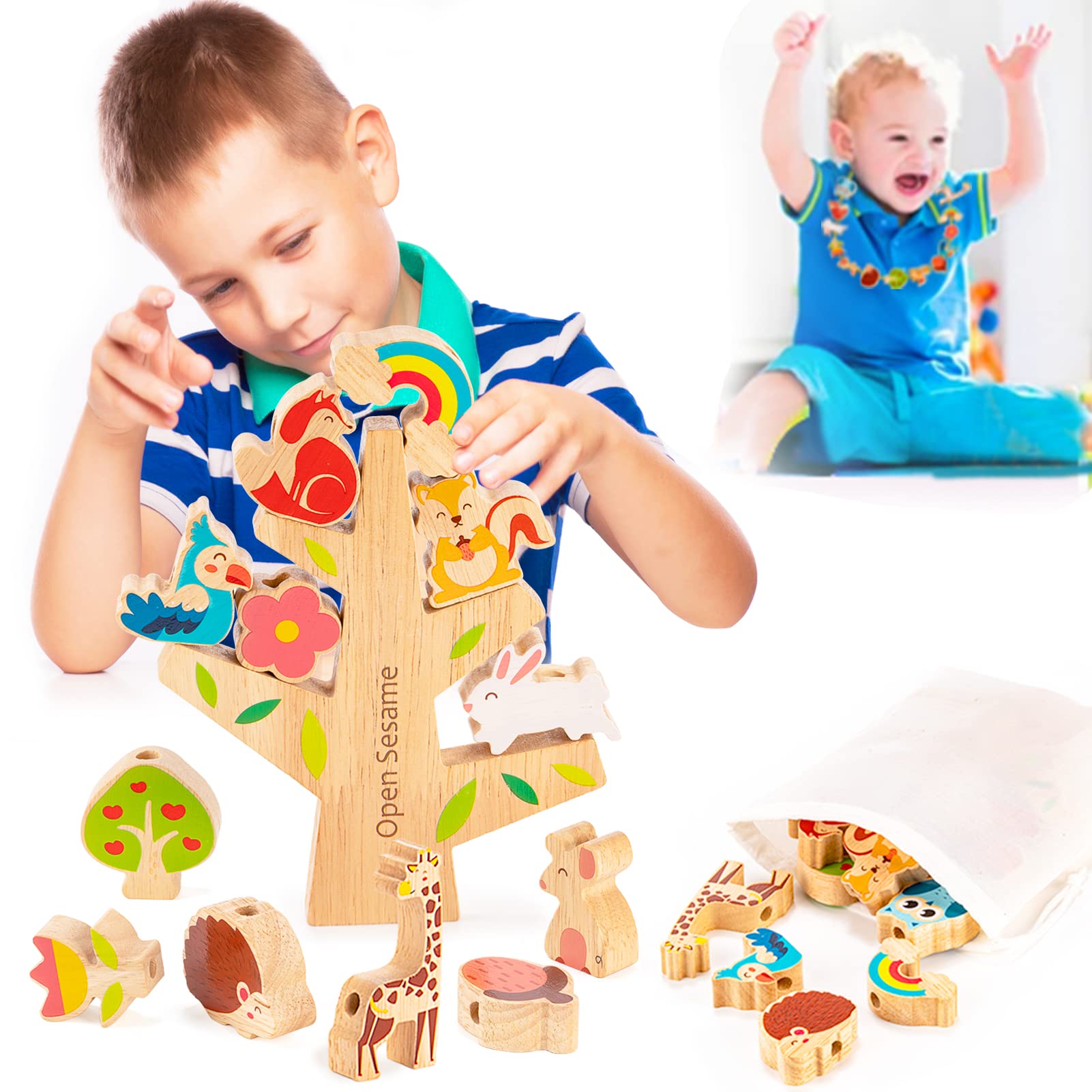 SUPPAS ONOW Wooden Animals Stacking Toys,Wooden Lacing Beads Preschool Toy,Wooden Blocks Stacking Toys for Toddlers 1-3, Wooden Rainbow Stacking Toy Montessori Toys for 2 Year Old Toys for Boys Gifts