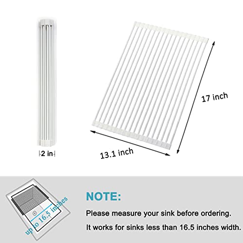 ZOIMINU Dish Drainer, White Roll Up Dish Drying Rack, Over Sink Drying Rack with Silicone-Coated, Heat-Resistant Anti-Slip Dry Rack for Dishes Cups Fruits Vegetables - 17" x 13.1"