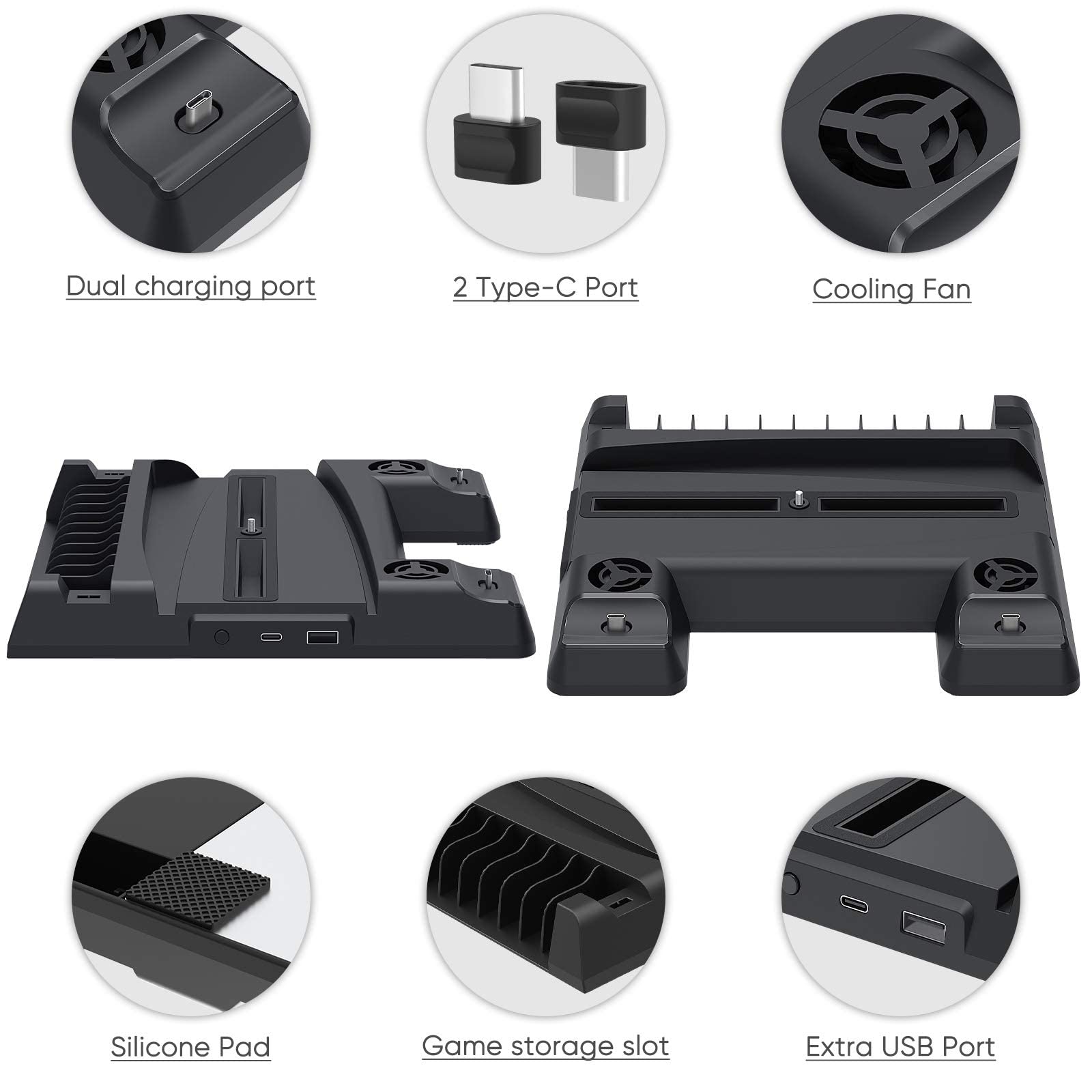 Charging Stand with Cooling Fans for PS5 Disc/Digital Edition Console, Dual Controllers Charger, Built-in 11 Game Rack Organizer