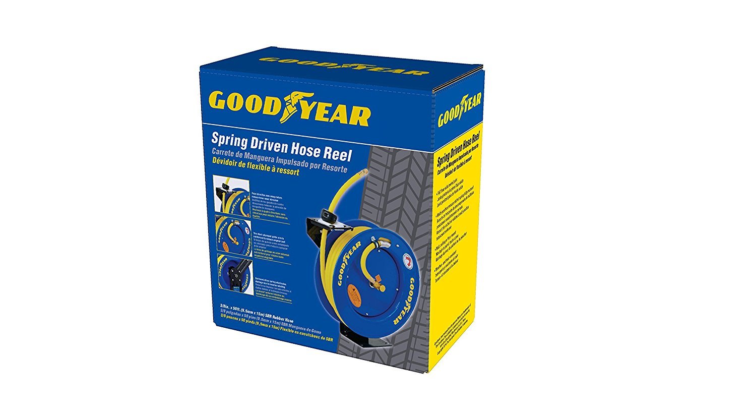 Goodyear Air Hose Reel Retractable 3/8" Inch x 50' Foot SBR Rubber Hose Max 300PSI Heavy Duty Industrial Steel Single Arm Construction
